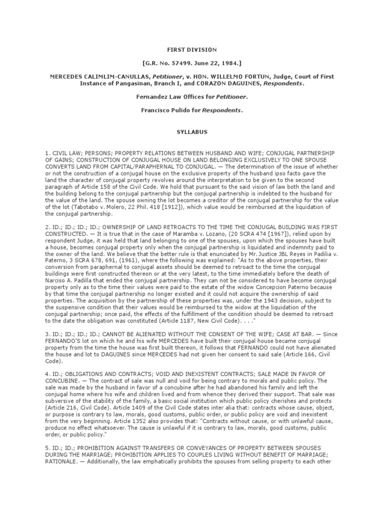 Calimlim-Canullas v. Fortun, 129 SCRA 675 | PDF | Public Policy Doctrine | Marriage