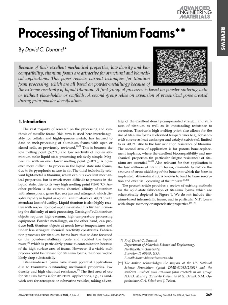 Processing of Titanium Foams : by David C. Dunand | PDF | Sintering ...