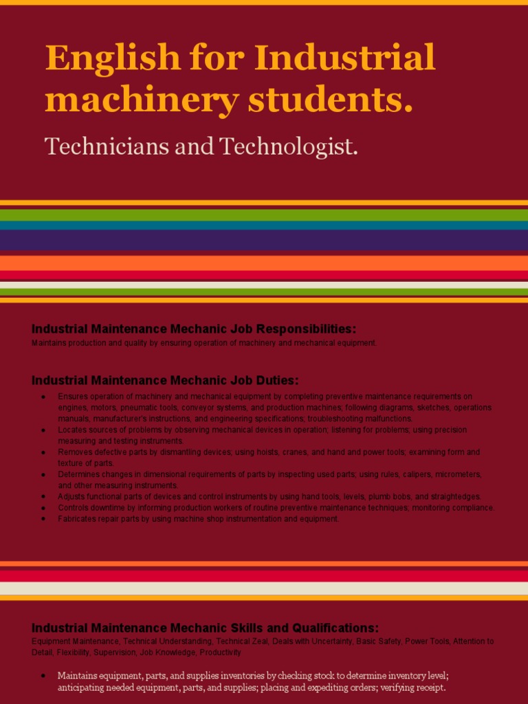 English For Industrial Machinery Students.: Technicians and ...