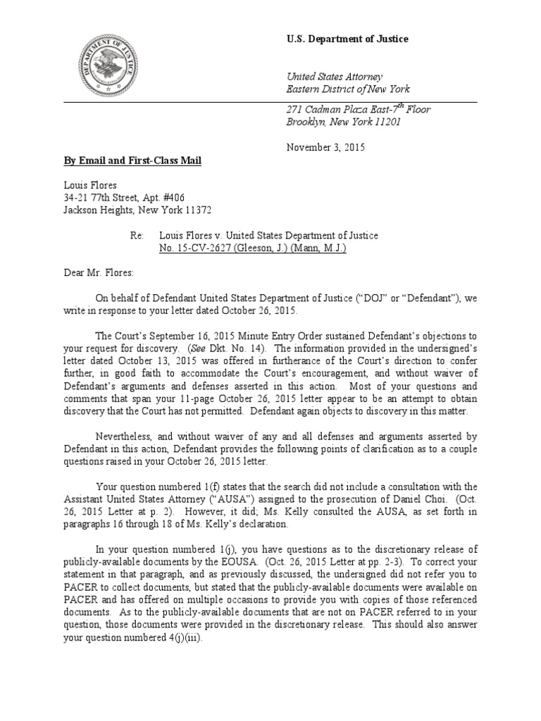 2015-11-03 Letter To L. Flores From DOJ USAO EDNY Re Dispositive Motion ...