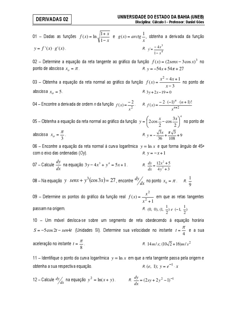 Exercícios Derivadas 02 | PDF | Cálculo | Derivado