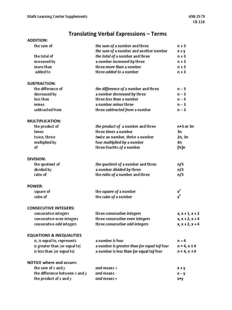 Translating Verbal Math Expressions | PDF | Language Arts & Discipline ...