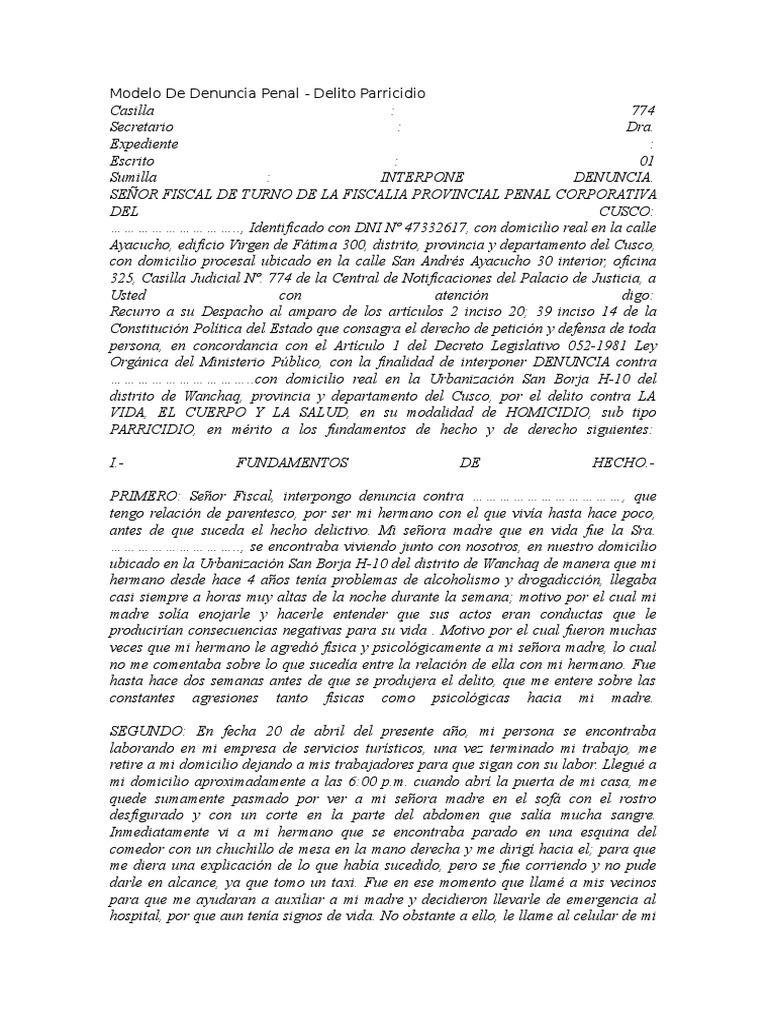 Modelo de Denuncia Penal | Delito | Derecho penal