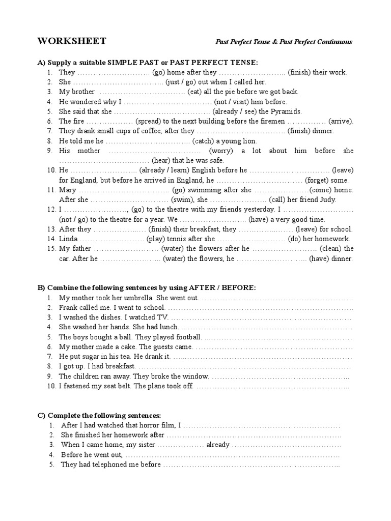 WORKSHEET Past Perfect Tense & Past Perfect Continuous | PDF | Perfect ...