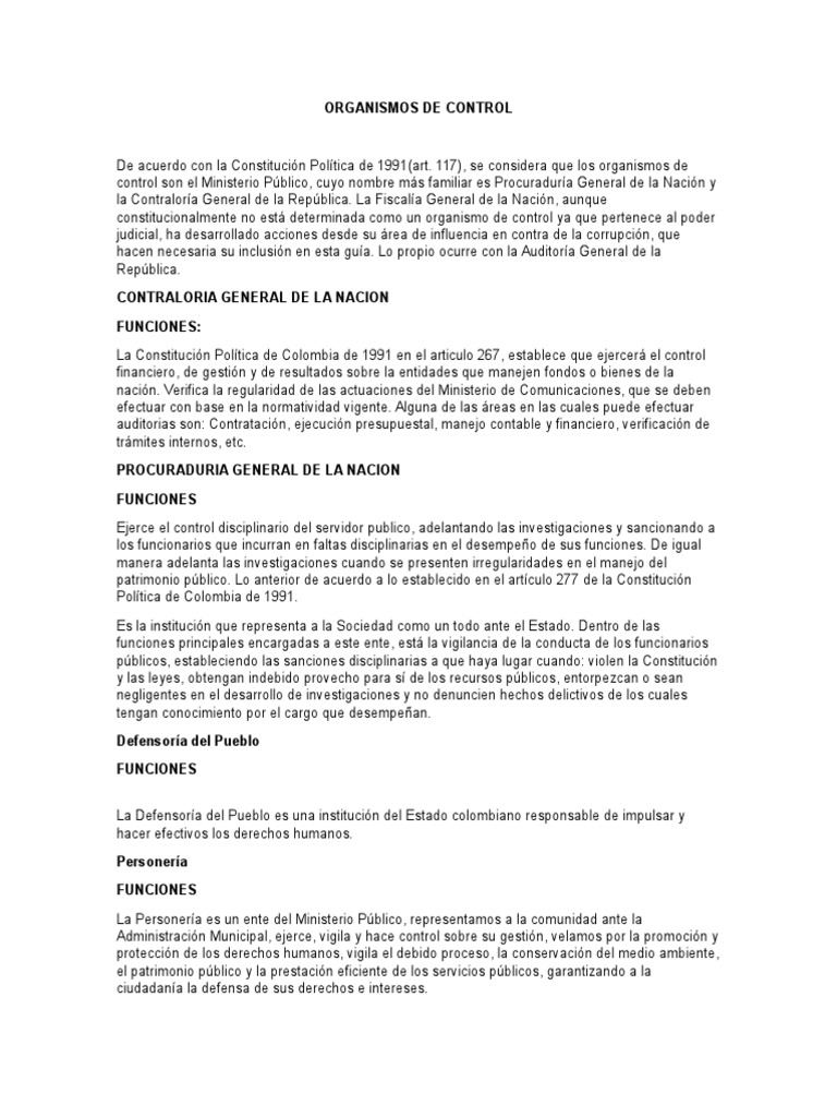 Organismos de Control Segun Su Definicion en Colombia | PDF ...