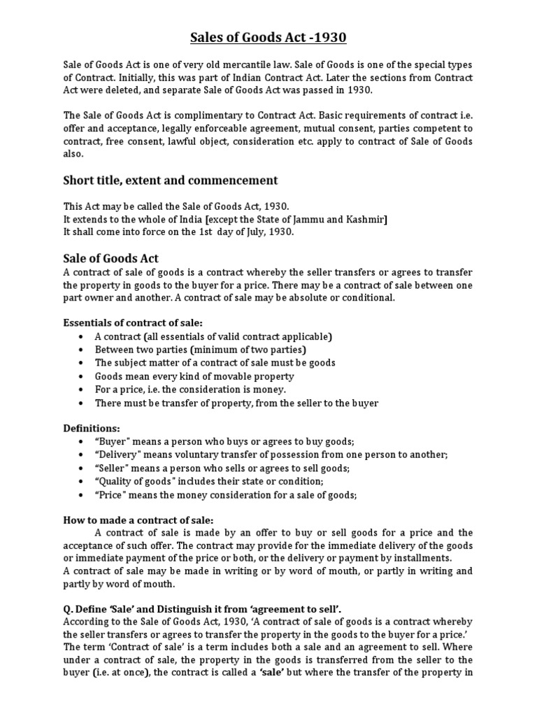 Sales of Goods Act | PDF | Business | Breach Of Contract