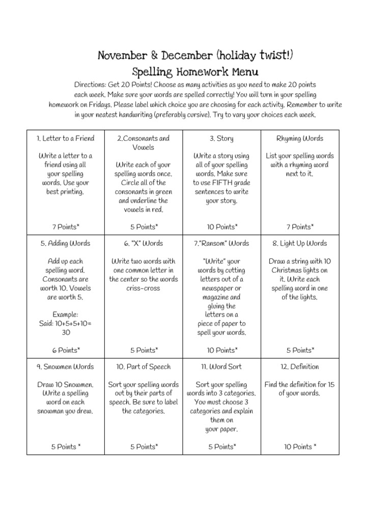 November & December (Holiday Twist!) Spelling Homework Menu | PDF ...