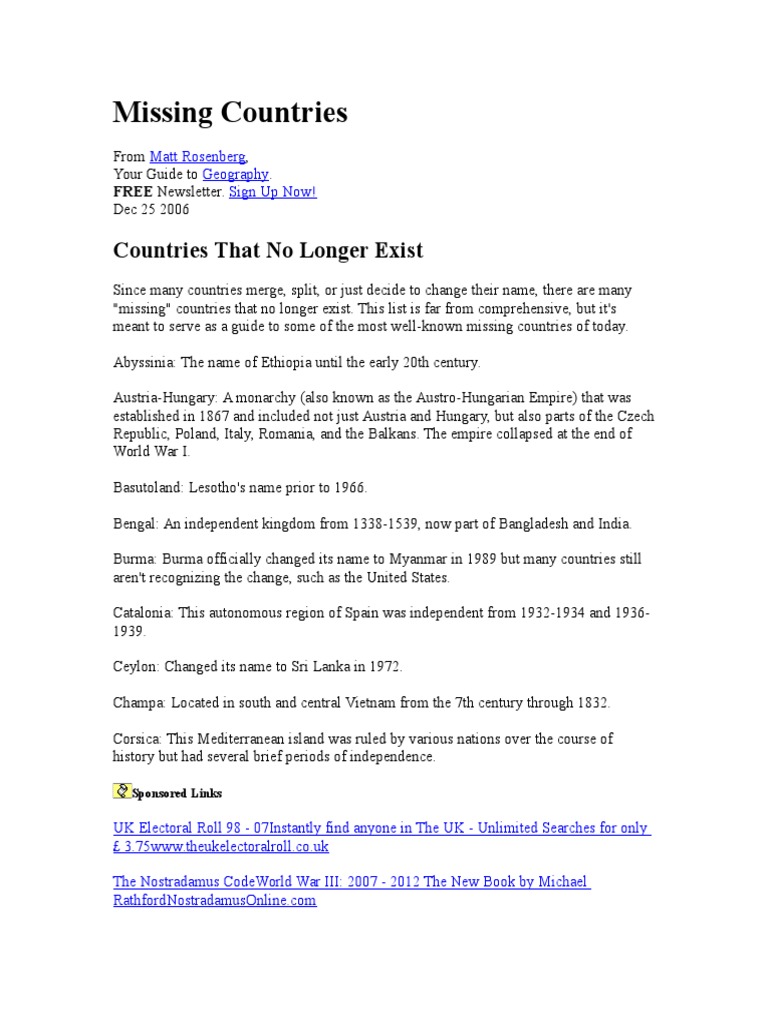 Missing Countries: Countries That No Longer Exist | PDF | Yemen | World ...