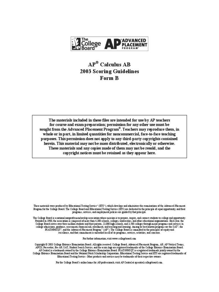 AP Calculus AB 2003 Scoring Guidelines Form B | PDF | Advanced Placement | Integral