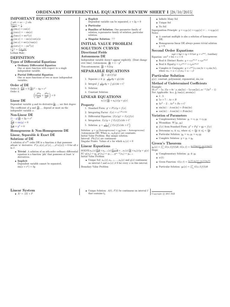 Differential Equations Cheat Sheet