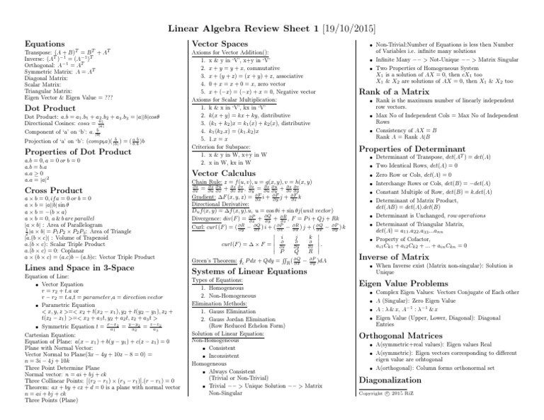LA Cheat Sheet | PDF | Eigenvalues And Eigenvectors | Matrix (Mathematics)