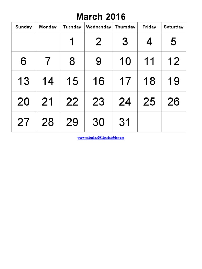 March 2016 Calendar Printable Excel | PDF