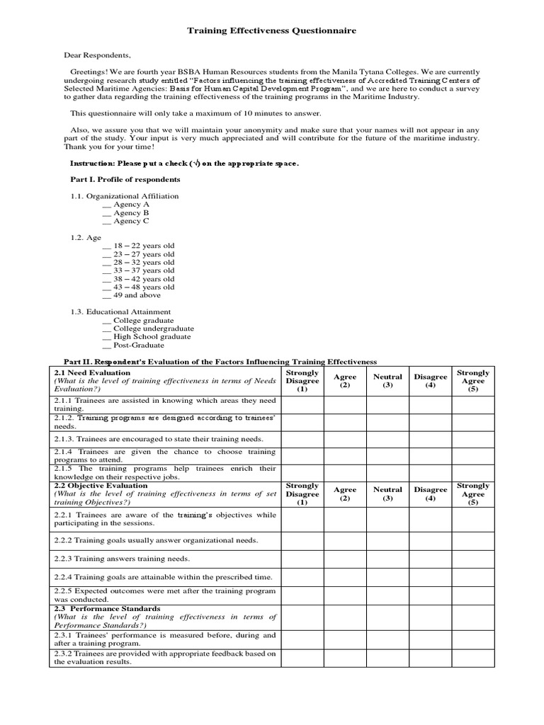 Questionnaire English Modified Final | PDF | Goal | Evaluation