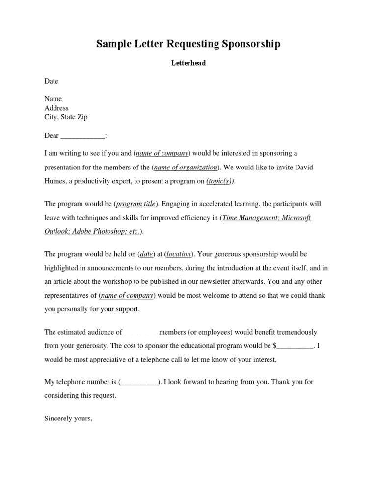Sample Letter Requesting Sponsorship: Letterhead | PDF