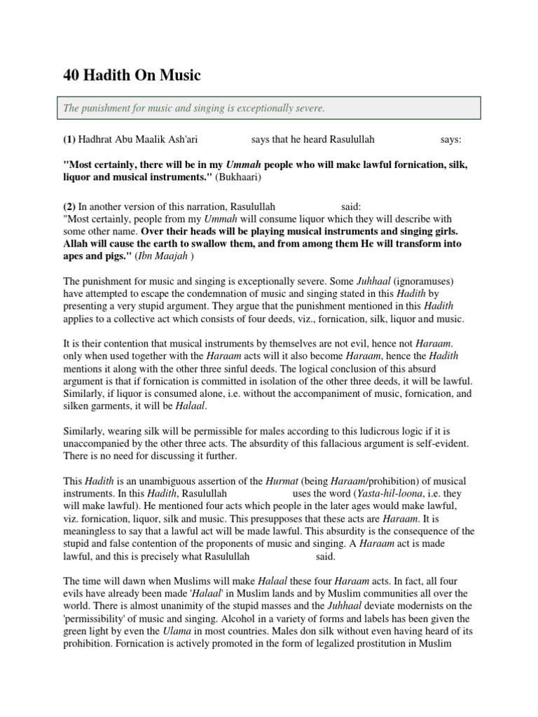 40 Hadith On Music | PDF | Hadith | Sahabah