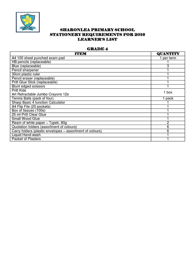 Grade 4 Stationery List 2016 | PDF | Language Arts & Discipline | Art