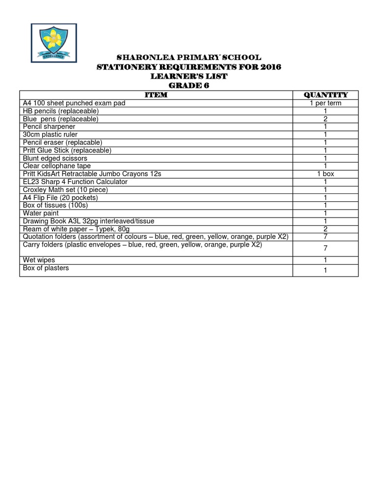 Grade 6 Stationery List 2016 | PDF | Home & Garden | Art