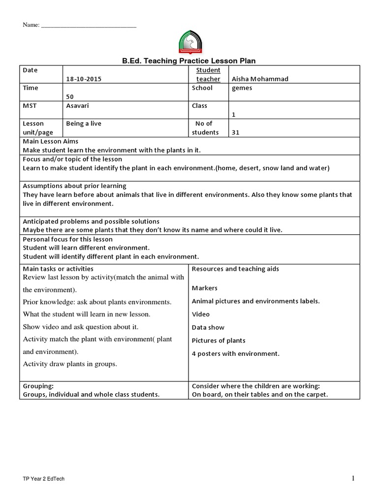 B.Ed. Teaching Practice Lesson Plan: Name | PDF | Lesson Plan | Teachers