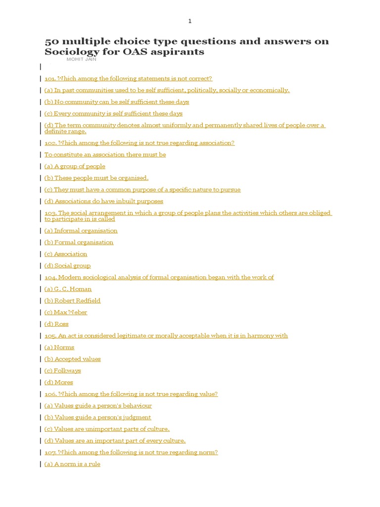 50 Multiple Choice Type Questions and Answers On Sociology For OAS ...