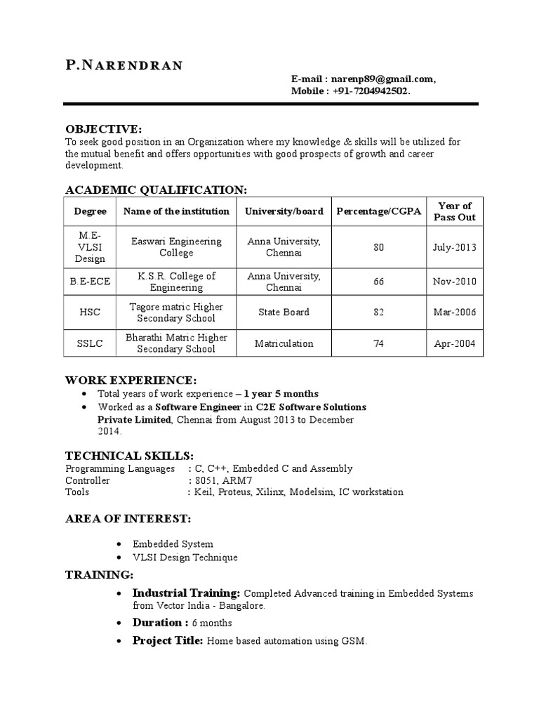 Naren Resume | PDF | Embedded System | Arm Architecture