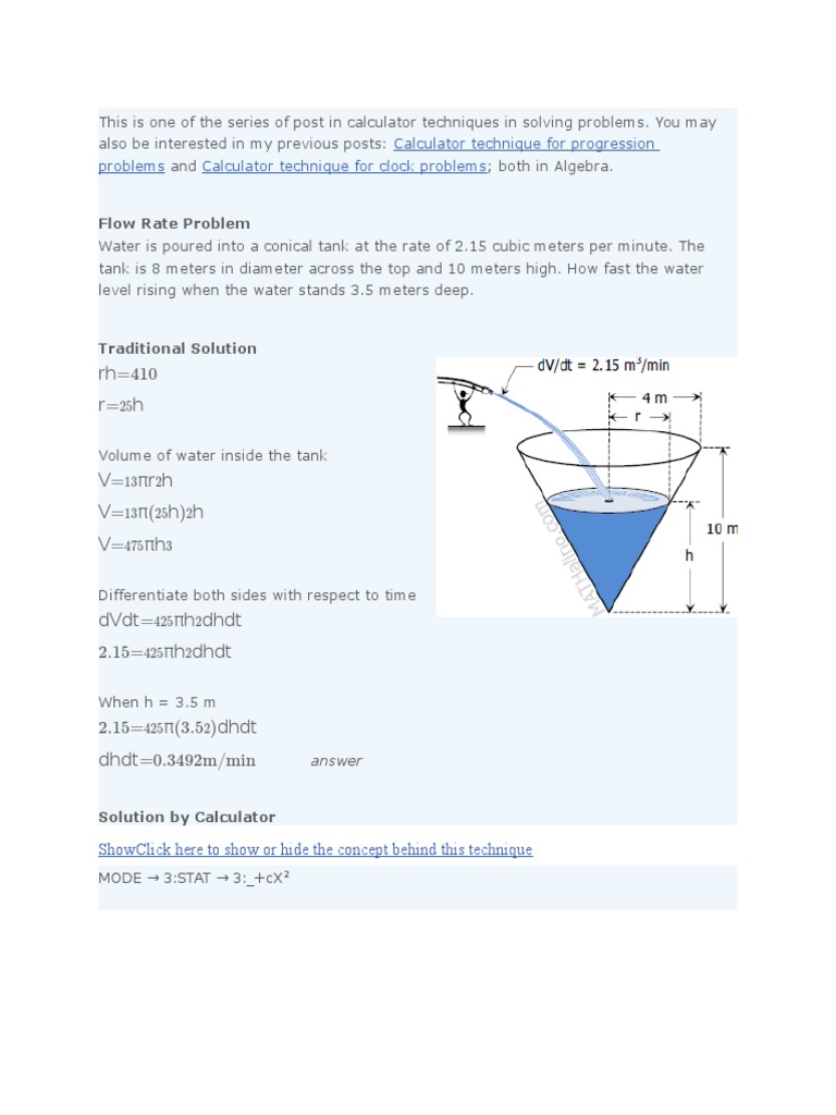 Calculator Technique For Solving Volume Flow Rate Problems in Calculus ...