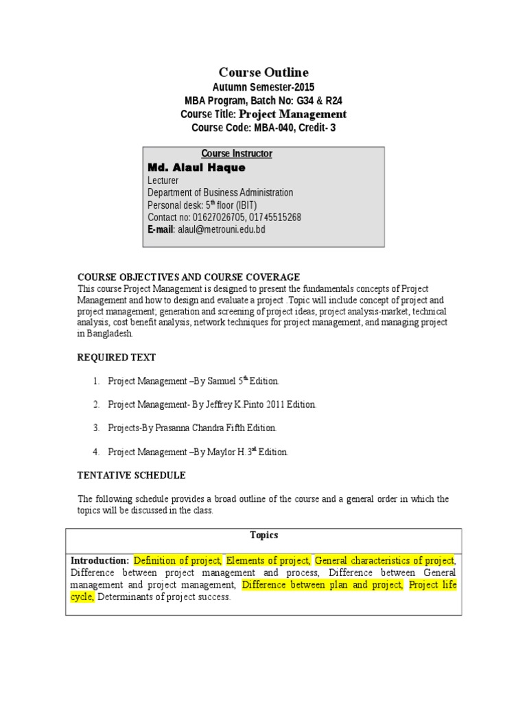 Course Outline: Project Management | PDF | Risk | Project Management
