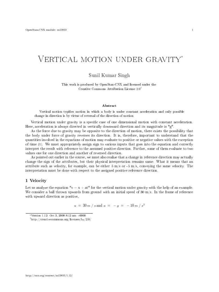 Vertical Motion Under Gravity: Sunil Kumar Singh | PDF | Acceleration | Velocity