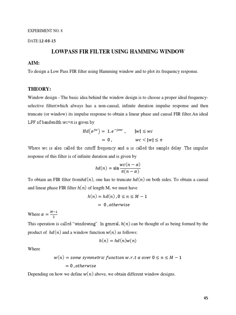 Lowpass Fir Filter Using Hamming Window | PDF | Low Pass Filter | Filter (Signal Processing)