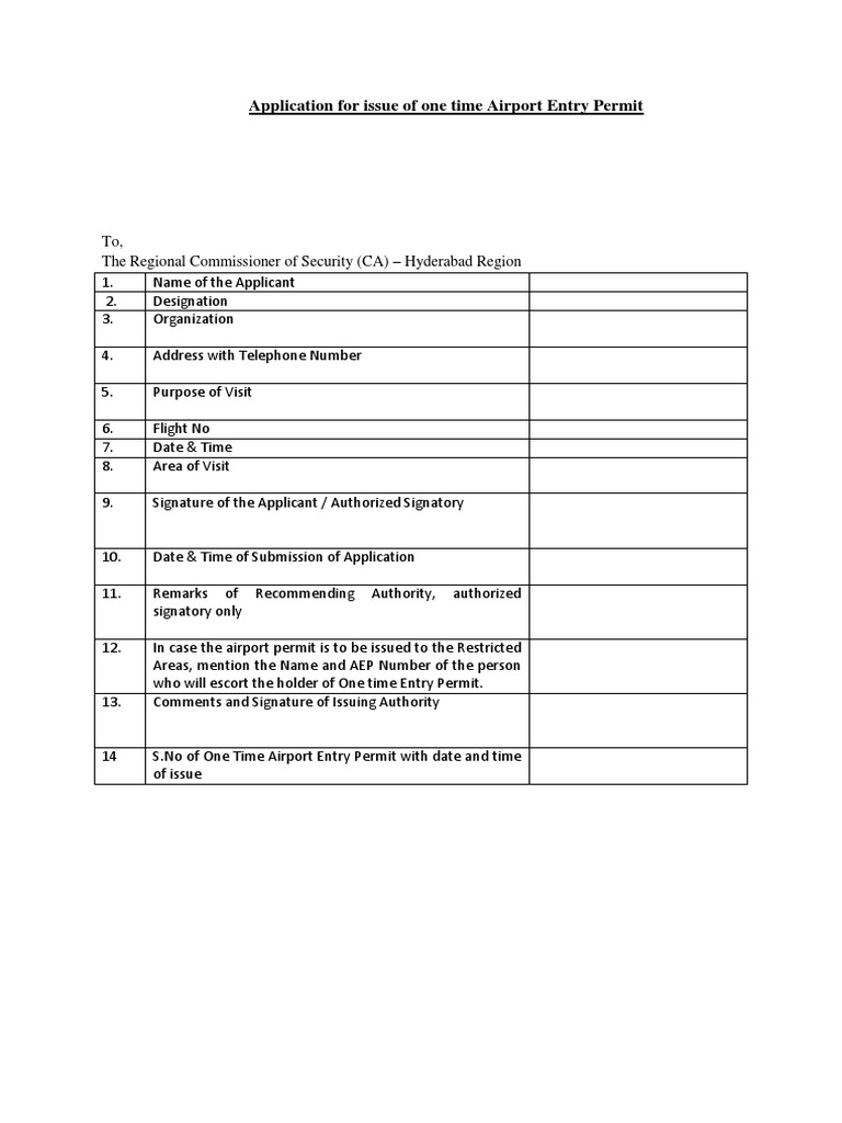 Application For Issue of One Time Airport Entry Permit | PDF | Business