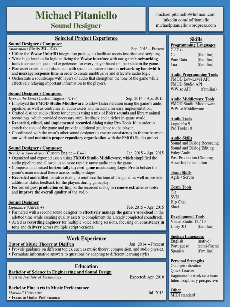 Michaelpitaniello Resume Sound-Designer Website | PDF | Application ...