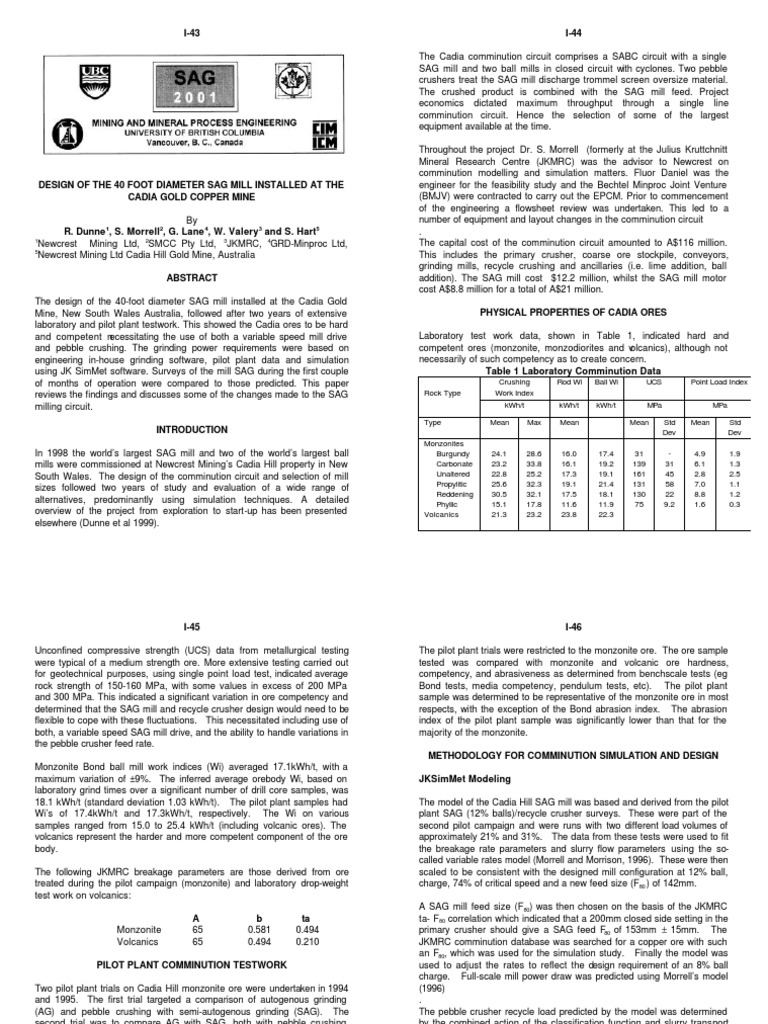 Design of The 40 Foot Diameter SAG Mill Installed at The Cadia Gold ...
