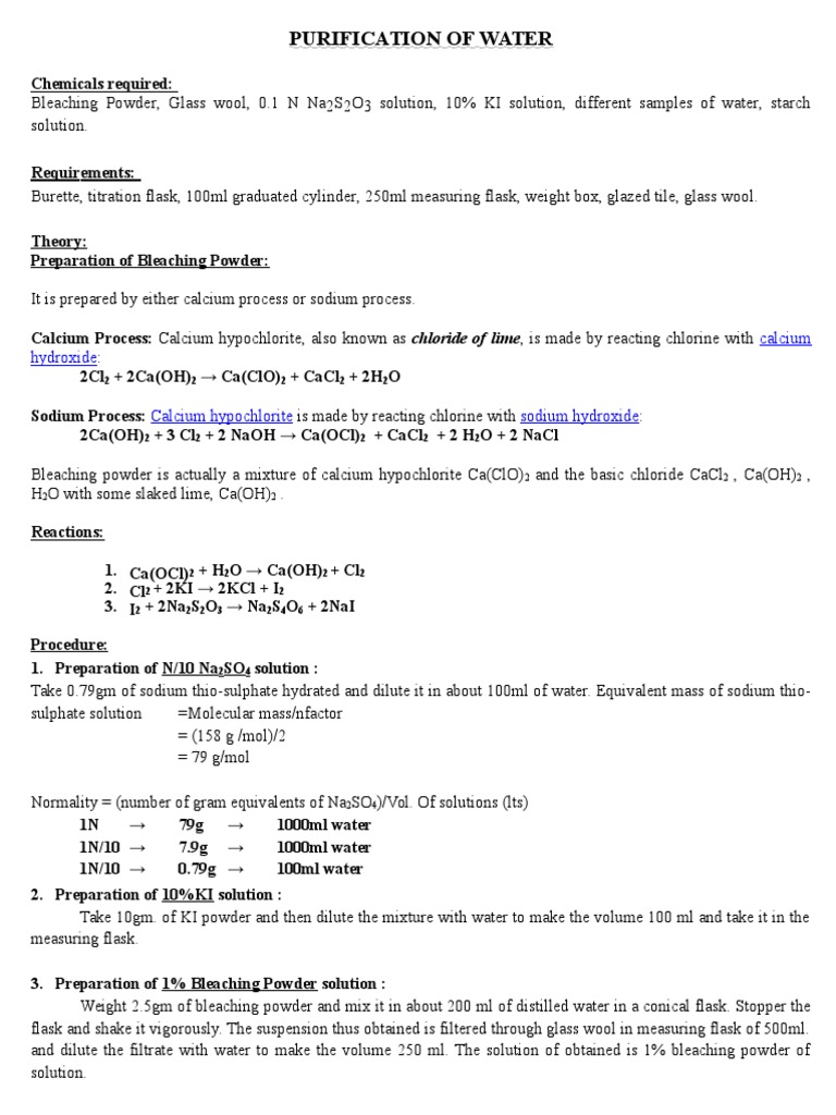 Sterilization of Water Using Bleaching Powder | PDF | Bleach | Chlorine