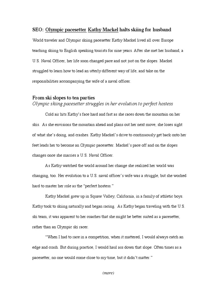 SEO: Olympic Pacesetter Kathy Mackel Halts Skiing For Husband | PDF ...