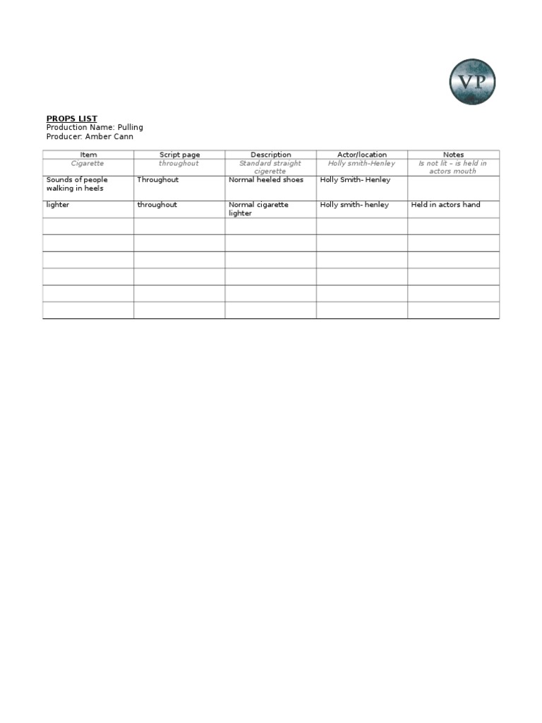 Props List for "Pulling" Production | PDF | Art
