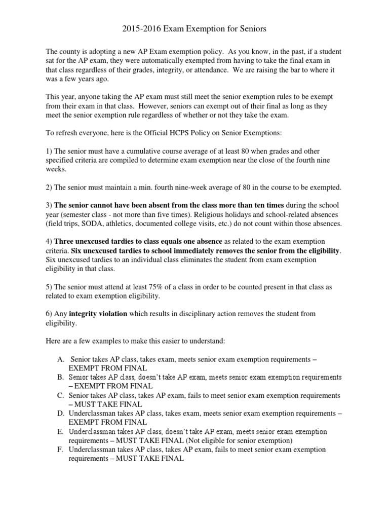 Senior Exam Exemption Policy Update | PDF