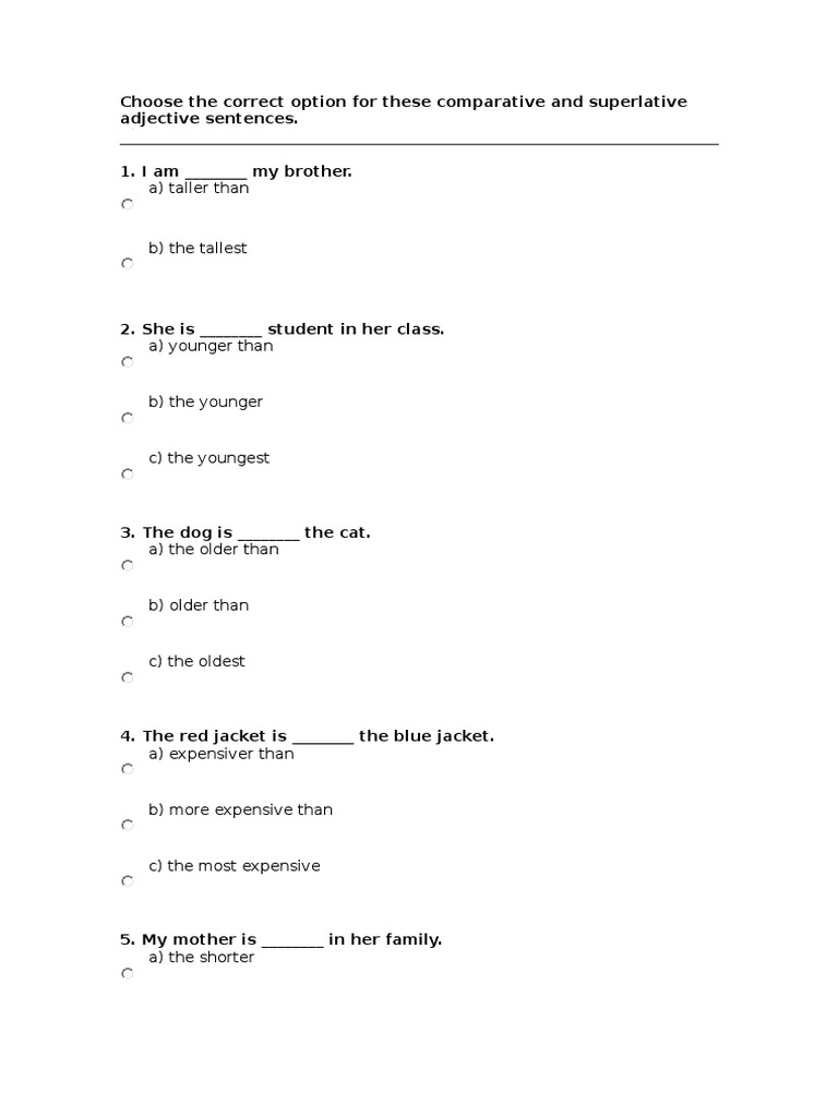 Comparative and Superlative Adjectives Quiz | PDF | Language Arts ...