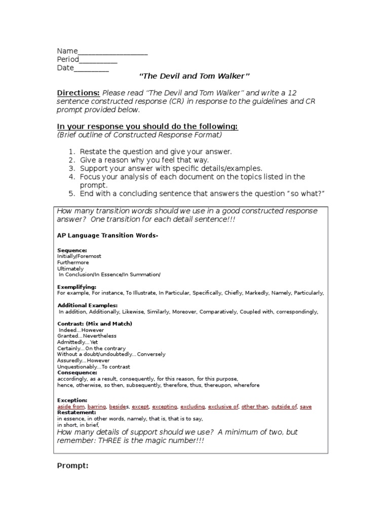 Constructed Response Guide for Tom Walker | PDF | Language Arts ...