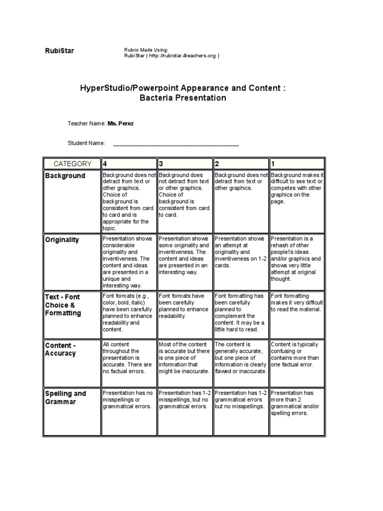 Bacteria Presentation Rubric Guide | PDF | Typefaces | Grammar