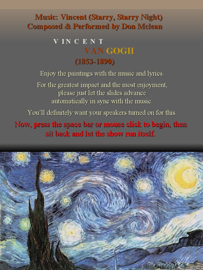The Starry Night by Don Mclean For Vincent Van Gogh. | PDF | Works Of ...