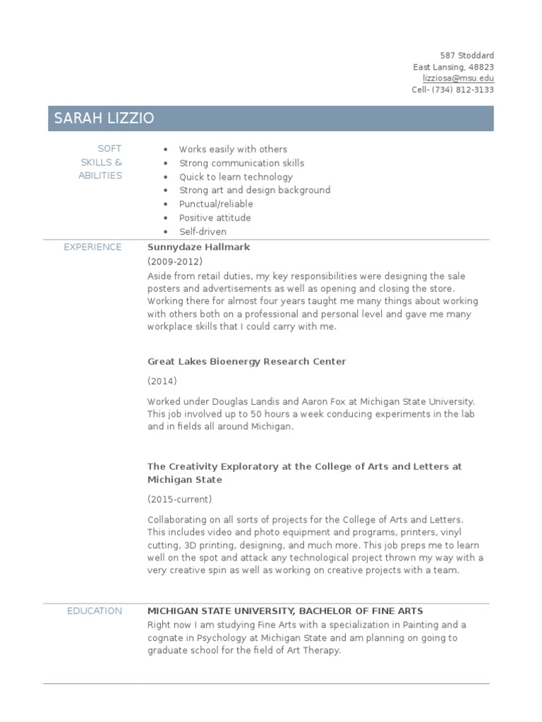 Sarah Lizzio's Art and Design Resume | PDF