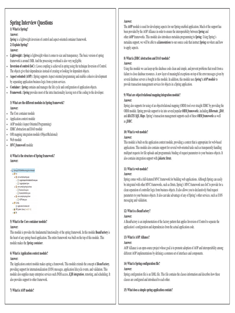 Spring Interview Questions: Spring Is A Lightweight Inversion of Control and Aspect-Oriented ...