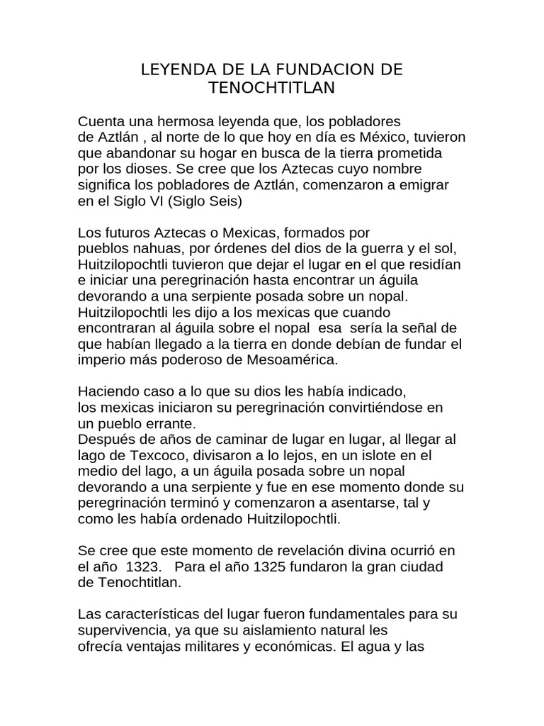 Leyenda de la Fundación de Tenochtitlan | PDF | azteca | Ocio