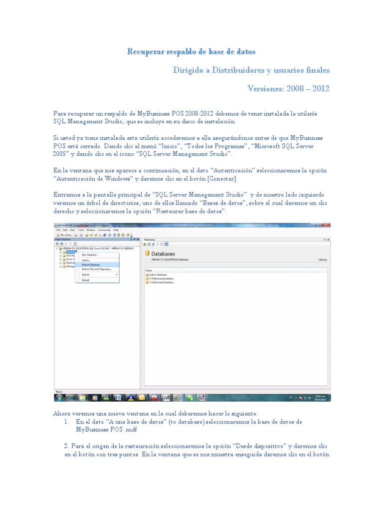 Cómo restaurar una base de datos de MyBusiness POS desde un respaldo mediante SQL Server ...