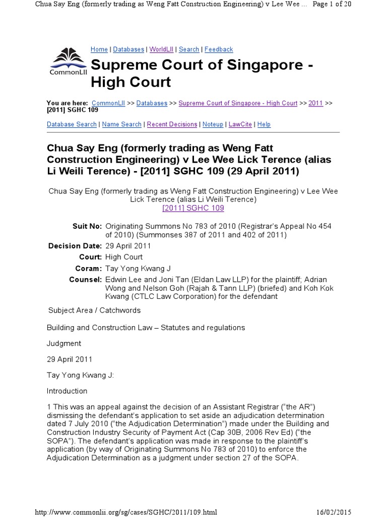 Chua Say Eng V Lee Wee Lick Terence (2011) SGHC 109 | PDF ...