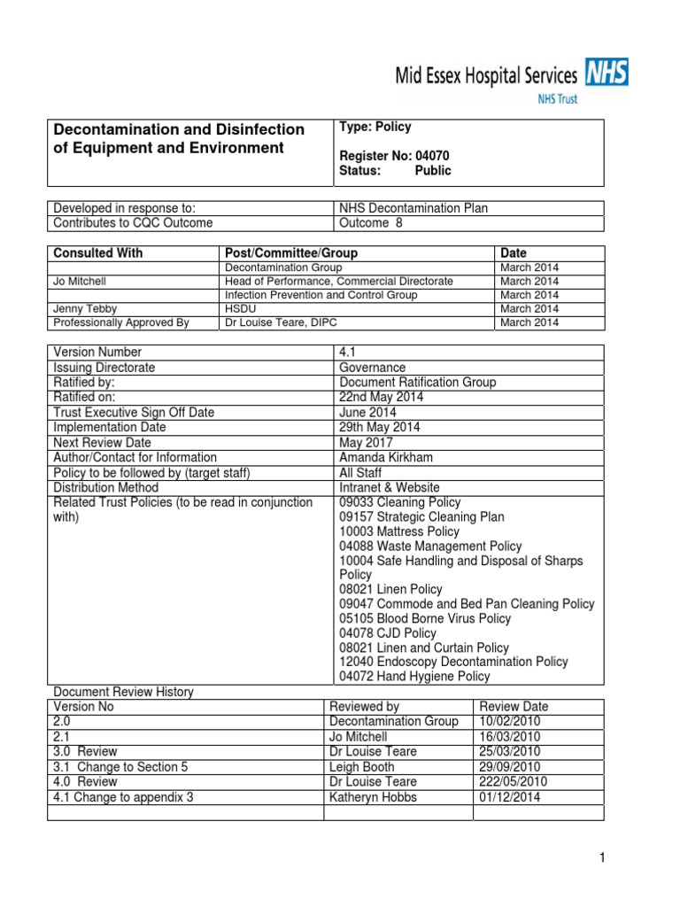 Decontamination of Equipment Environment Policy 4.1 | PDF ...