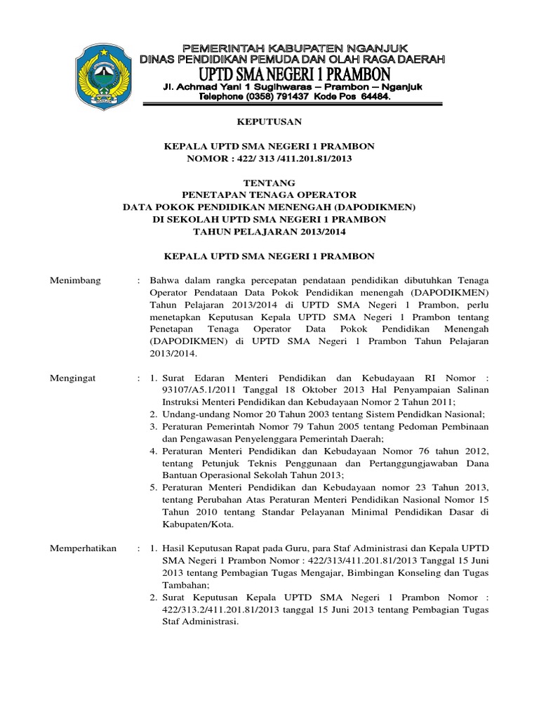 Contoh SK Operator Dapodikmen | PDF
