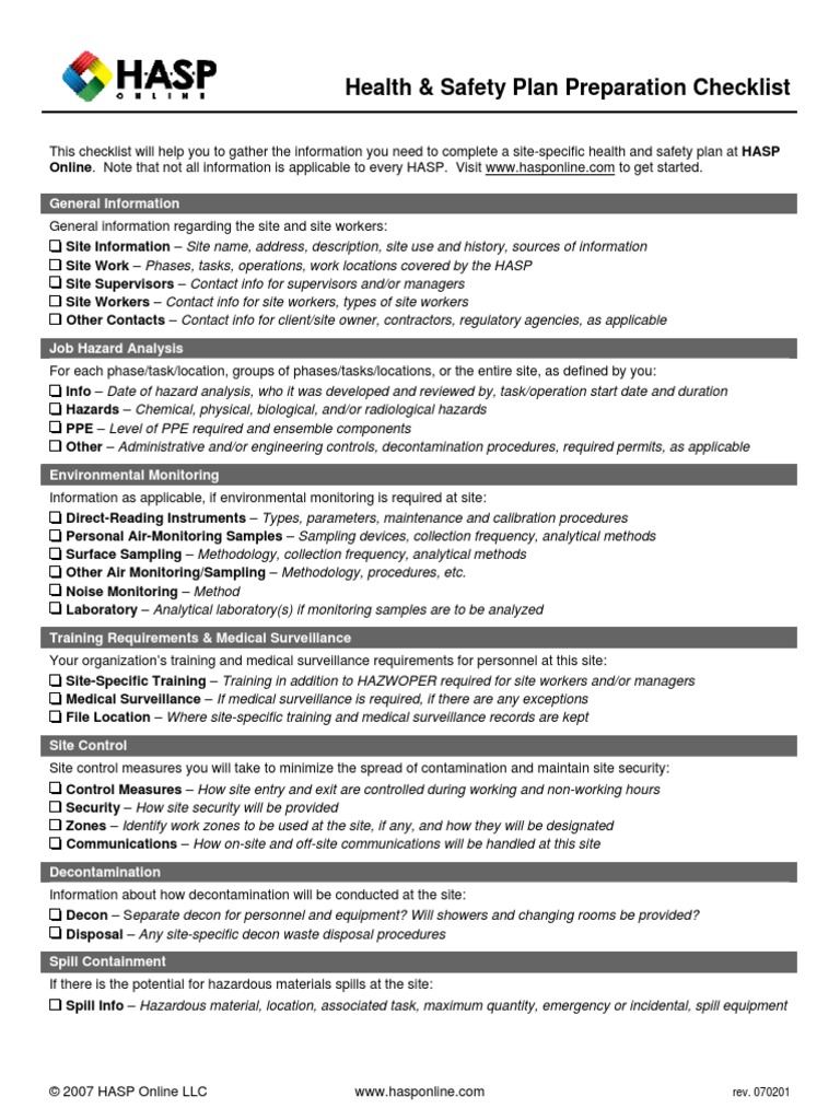 HASP Online Checklist | Environmental Monitoring | Personal Protective ...