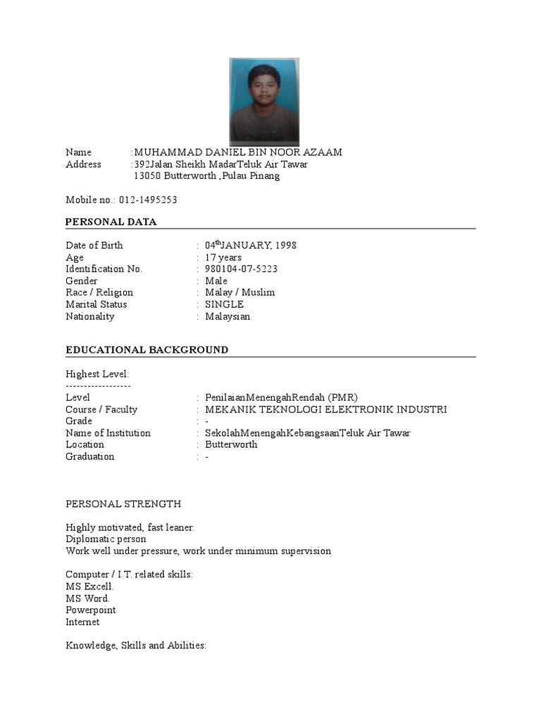 Personal Profile of Muhammad Daniel | PDF