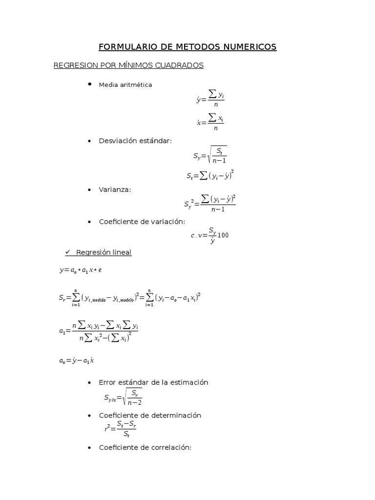 Formulario de Metodos Numericos | PDF | Análisis de los datos | Análisis numérico
