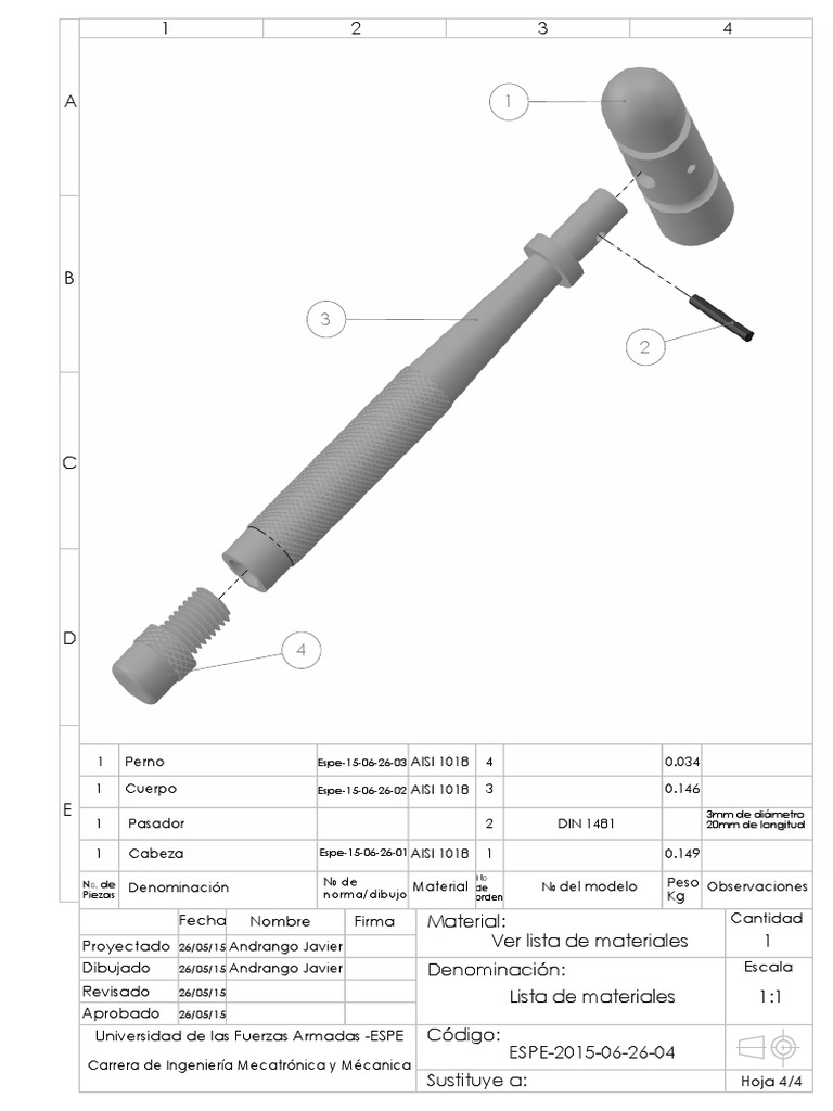 Plano ensamble de un martillo